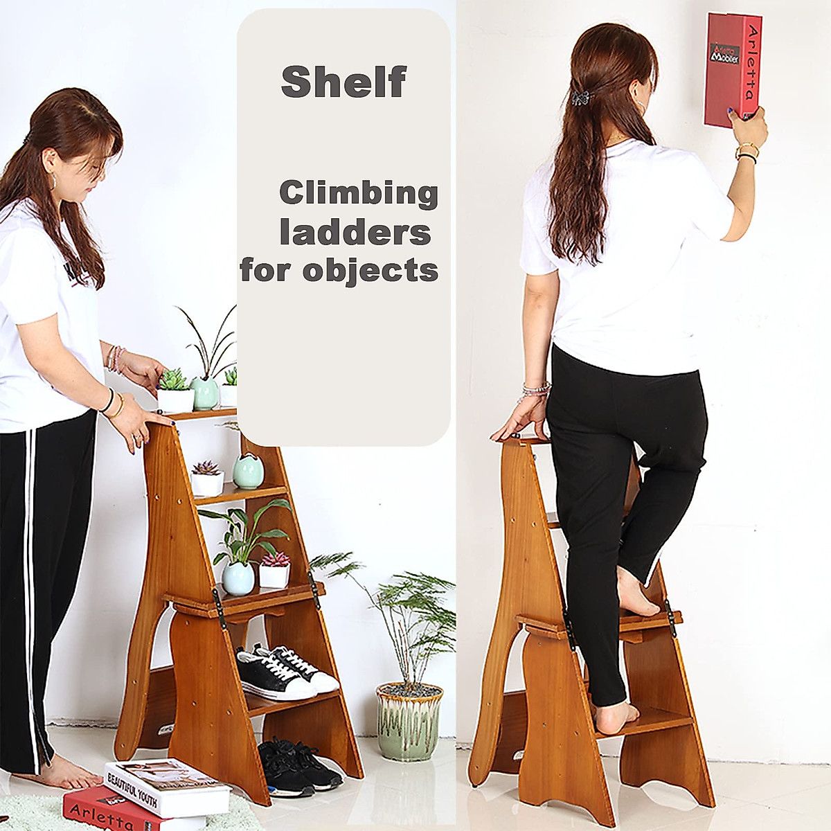 LUCEAE Step Stool,4 Tier Folding Wooden Seat Portable Shoe Closet High Stool Eco-Friendly Water Paint Reinforced Hinged Ladder Stool Tongue and Groove Structure Smooth Ladder Body,Safe and Sturdy Dura