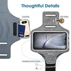 JETech Phone Armband Holder with Key Holder and Card Slot for Phone Upto 6.2 inch, iPhone 14 Pro/14/13 Pro/13/12/11/XR/XS/X/8, Galaxy S23/S22, Pixel 7a/6a, Water Resistant, Adjustable Band, Grey