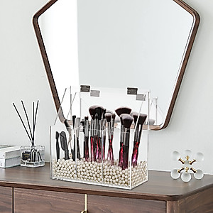 Okllen Makeup Brush Holder with Dustproof Lid, White Pearls, Acrylic Clear Makeup Brush Organizer with 3 Compartment, Large Cosmetic Brush Storage Box Case for Vanity, Bathroom, Bedroom
