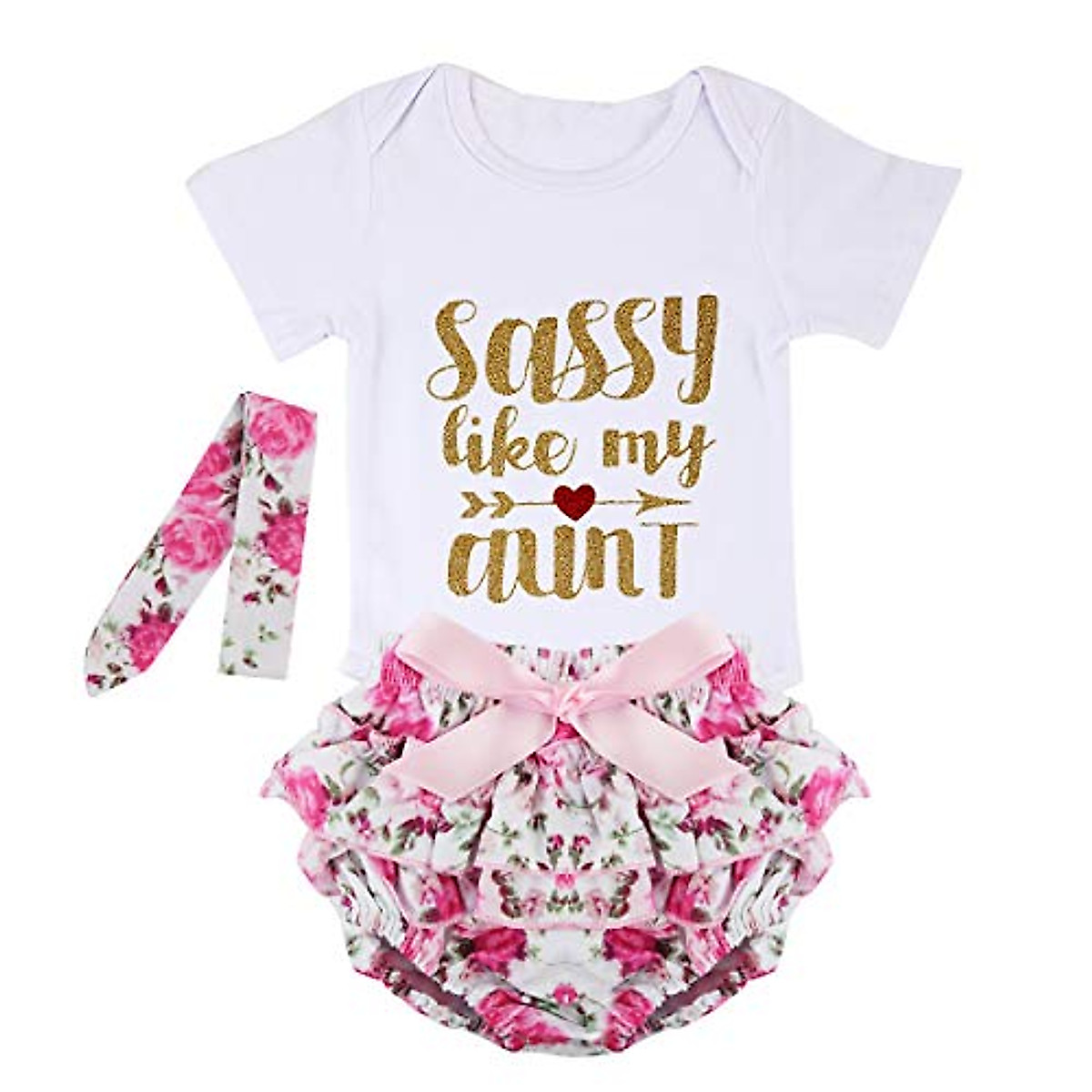 puseky Newborn Baby Girl Auntie Clothes Romper Floral Shorts with Headband Summer Outfits Cute Baby Girl Auntie Outfits 6-12 Months