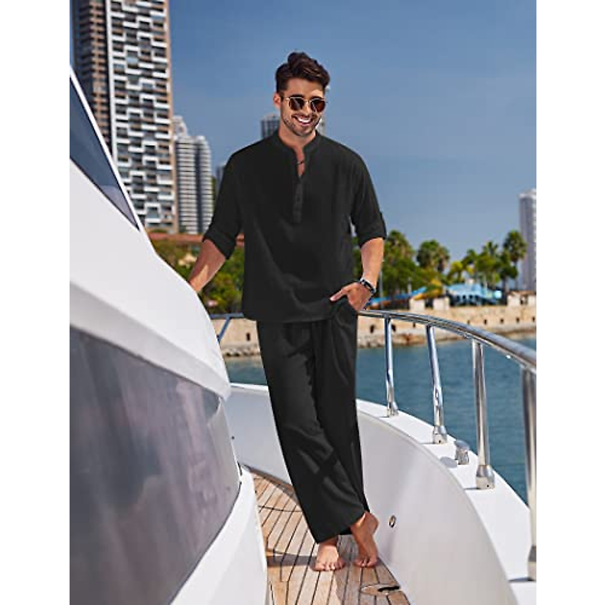 COOFANDY Men's 2 Pieces Linen Set Long Sleeve Henley Shirt and Holiday Beach Pants Casual Yoga Trousers Outfits