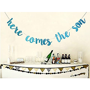 Here Comes the Son Gifts Banner- Boy Blue Glittery Welcome Little Man Baby Boy Shower Party Decor,Gender Reveal Party,Happy 1st Birthday Themes Party Supplies