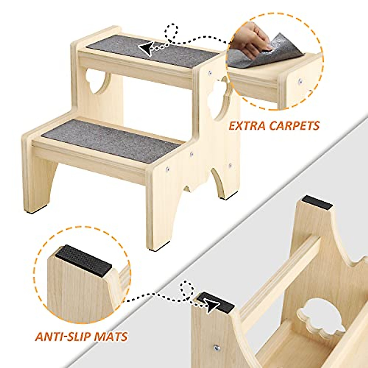Wooden Toddler Step Stool for Kids, Bowdanie Two Step Stool Adults with 4 Non-Slip Pads and 2 Carpets, Wood Stepping Stool for Bathroom Sink, Kitchen Stools & Potty Training Bedroom Home Use (Natural)