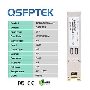 QSFPTEK 1.25G SFP-T Gigabit SFP Copper Ethernet Module, SFP to RJ45, 10/100/1000BASE-T Mini gbic Transceiver for Cisco GLC-T/SFP-GE-T/GLC-TA, Mikrotik SRJ01, Netgear, Supermicro, up to 100m