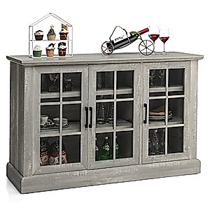 Giantex Buffet Cabinet with Storage, Farmhouse Large Sideboard, 3 Glass Door Adjustable Shelves, Anti-toppling Design, Wooden Credenza Cupboard for Living Room, Kitchen (Grey)