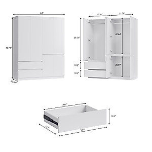 Mekminop Armoire Wardrobe Closet with Drawers and Doors, 4 Door 2 Drawers White Bedroom Armoires Wooden Wardrobe with Shelves and Hanging Rod, 20.39" D x 63" W x 78.74" H