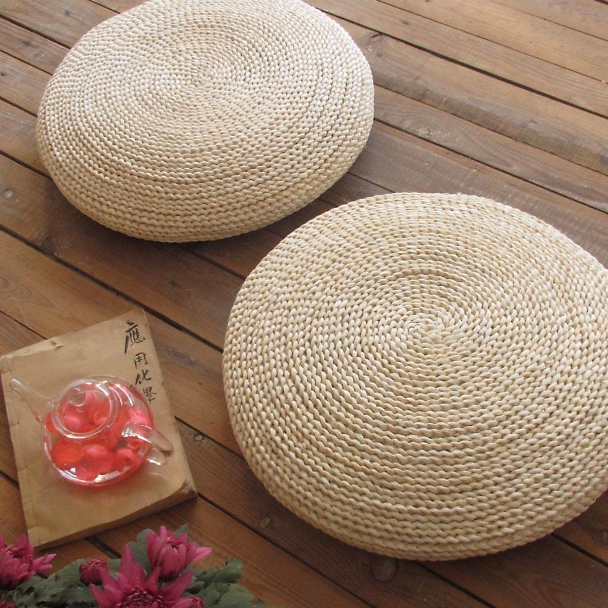 Knitted Straw Flat Seat Cushion, 15.7inch Round Pouf Tatami Cushion Floor