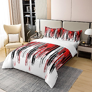Feelyou Red White Black Bedding Duvet Cover 100% Cotton Set Stripes Reversible Bedding Set Geometric Comforter Cover Set for Room Decor Modern Abstract Art Bedspread Cover Twin Size With 1 Pillow Case