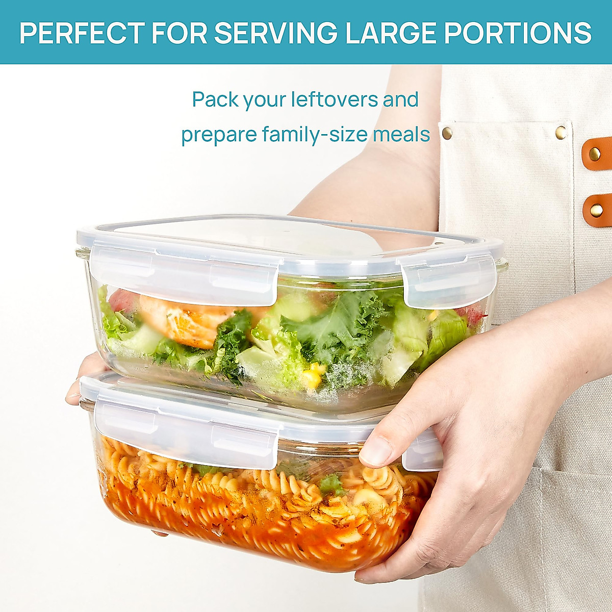 Vtopmart 2Pack 1860ml/ 63oz Large Glass Storage Containers with Lids, Meal Prep Food Container Set with Snap Airtight Lid for Baking, Microwave, Oven, Leak Proof, for Freezer, Dishwasher, Grey