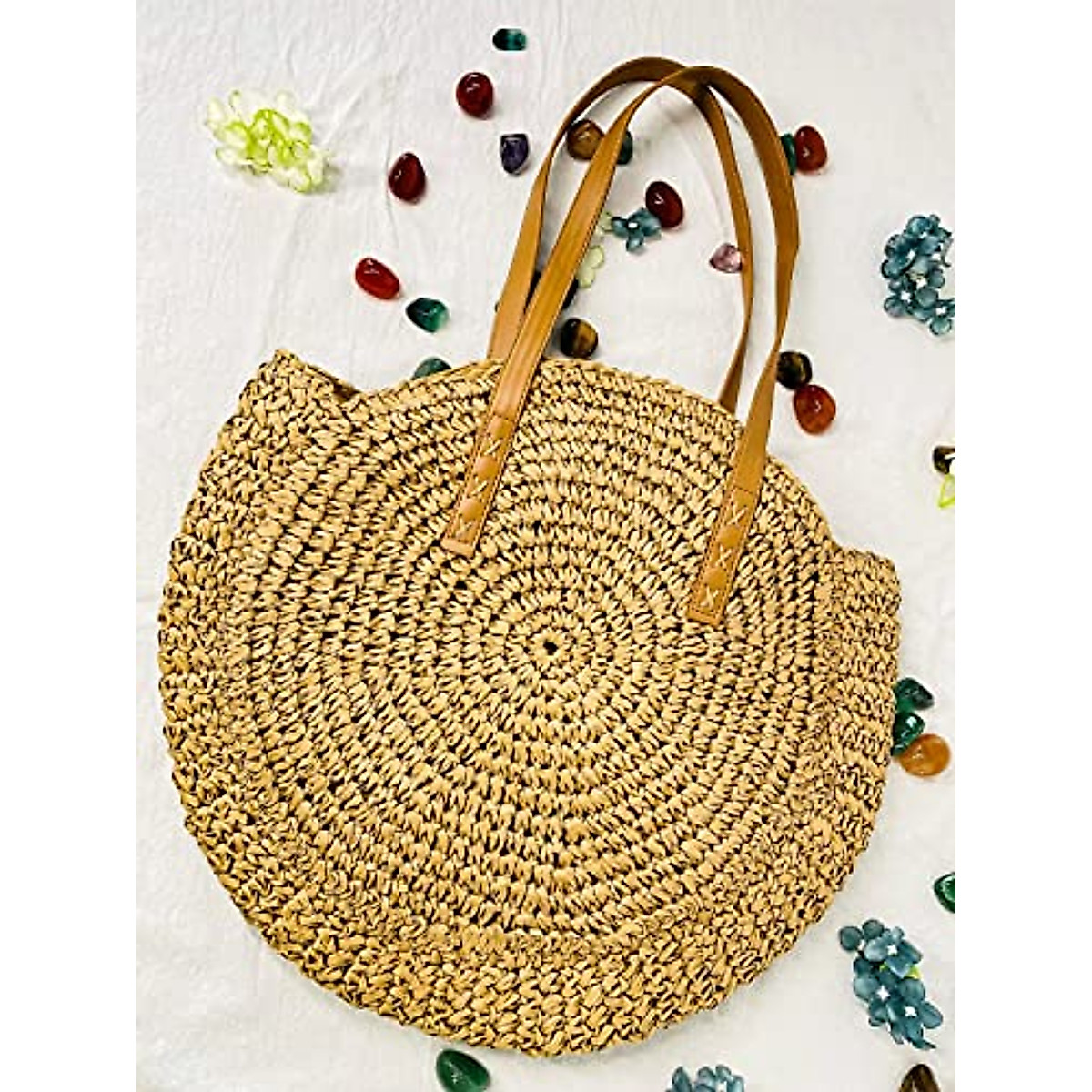 Seamido Straw Bag Handwoven Beach Bags Corn Straw Tote Woven Shoulder Bag For Women (Khaki)
