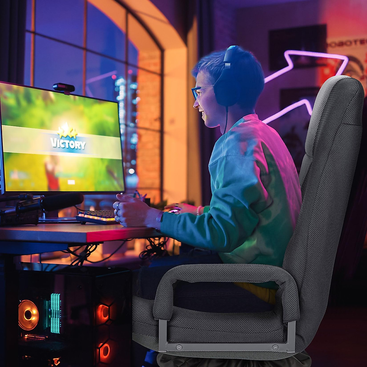 ACIPENSER Swivel Gaming Chair Multipurpose Floor Gaming Chair for Playing Video Games, TV, Reading w/Armrest Lumbar Support & 6 Adjustable Postion Backrest for Adults & Kids,Grey