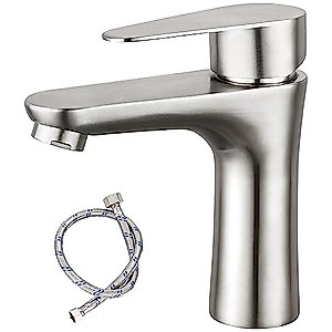 Heyalan Brushed Nickel Bathroom Faucet Cold Water Only SUS304 Stainless Steel Single Handle One Hole Deck Mounted Lavatory Tap Single Switch (Drain not Included)