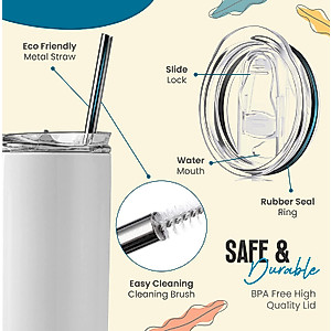 The Brandster Sublimation Tumblers 20 OZ Skinny Bulk, Double-Walled Stainless Steel Sublimation Blanks Tumblers, with Lid, Straw, Heat Tape, Shrink Wrap, Gift Boxed to Personalize & Gift