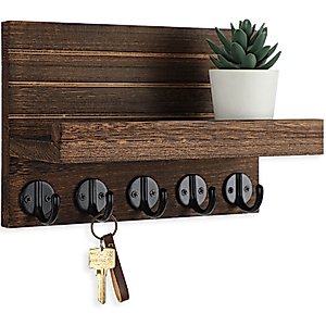 Lwenki Key Holder for Wall, Decorative Key and Mail Holder with Shelf Has Large Key Hooks for Bags, Coats – Paulownia Wood Key Hanger with Mounting Hardware (9.8”W x 6.7”H x 4.2”D) (Brown)