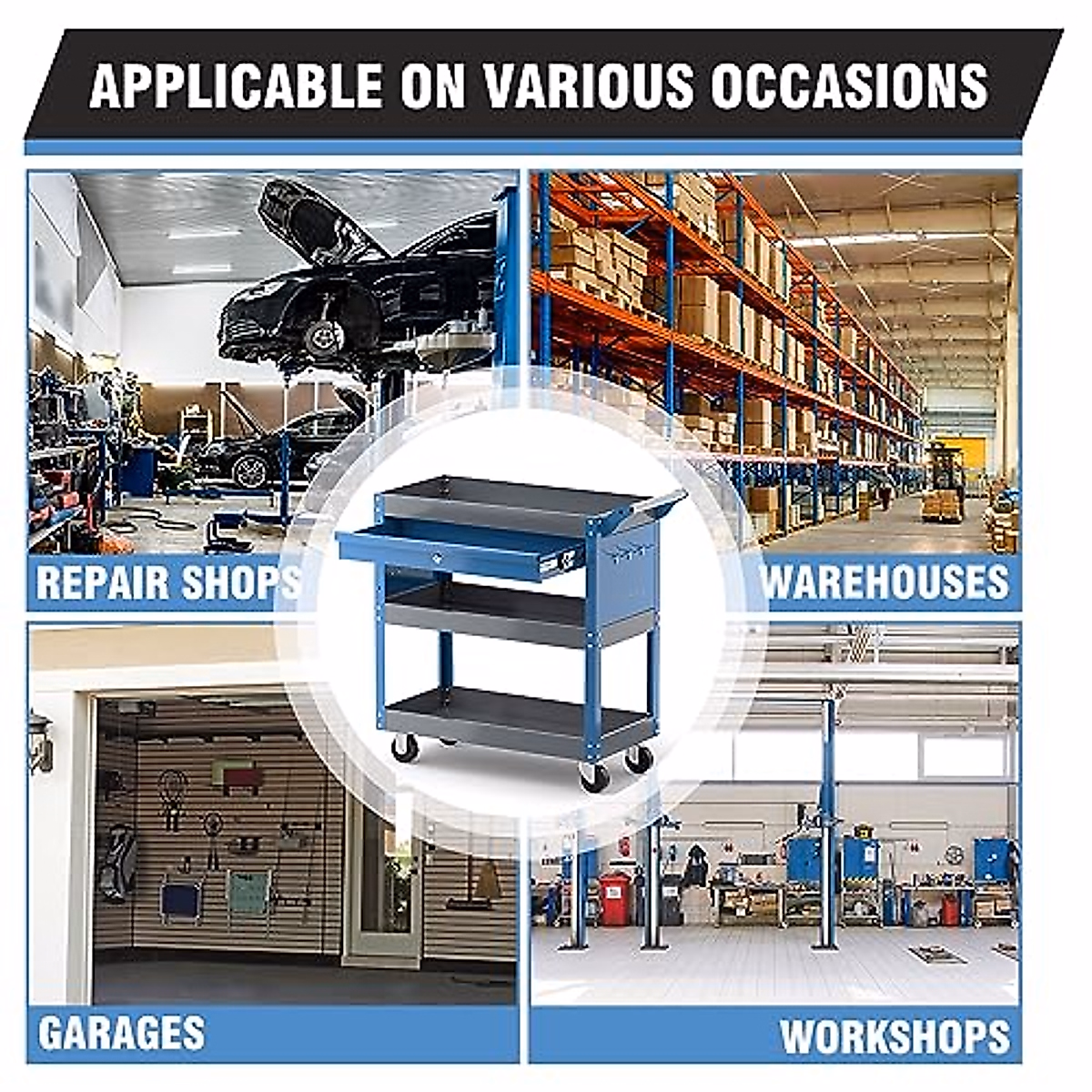 AIRAJ 3 Tier Rolling Tool Cart on Wheels,Metal Heavy Duty Mechanic Cart with Drawers and Pegboard,440 LBS Capacity Industrial Utility Cart,Tool Storage Cart for Garage,Warehouse,Blue-Black