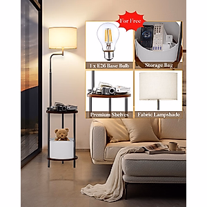 Lightdot 57IN Floor Lamp with Shelves, Mid Century Modern Standing Lamps with Bulb and Storage Bag Included, Black Pole End Table with Linen Lampshade for Living Room, Bedroom, Office-F