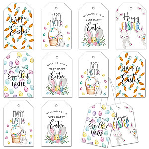 Whaline 100Pcs Easter Gift Tags with 32.8ft Silver String Watercolor Happy Easter Paper Tags Carrot Bunny Easter Eggs Holiday Hanging Labels Name Tags for Easter DIY Gift Party Favor Decor, 5 Designs