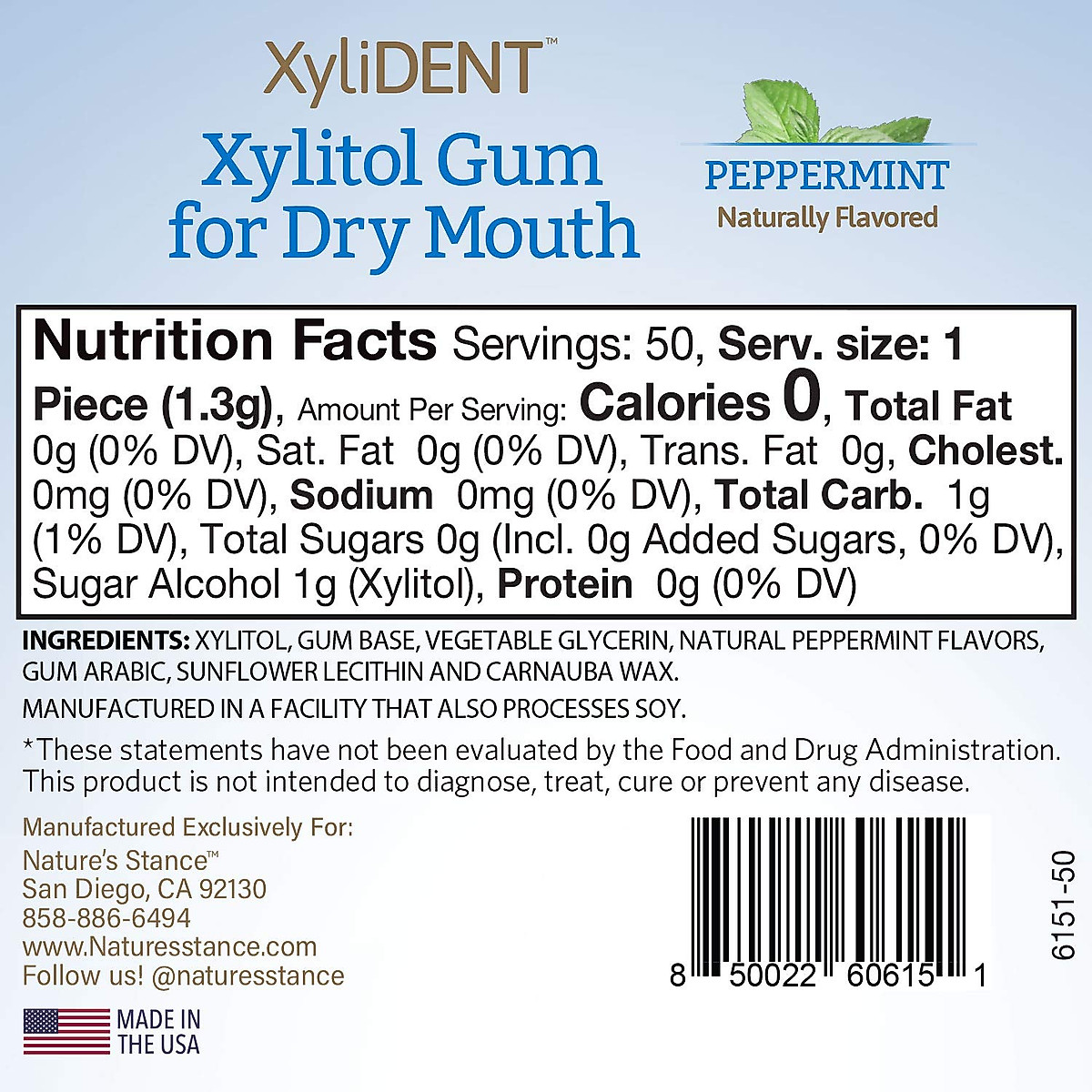 XyliDENT Xylitol Gum for Dry Mouth Relief - Stimulates Saliva, Freshens Breath, Reduces Acid Production, Fast Acting Relief, 50 Count (Peppermint)