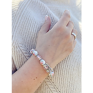 Nazareth Store Religious Cross Bracelet Pink Crystal Beaded Stretch Rosary Bracelet with Ceramic Flowers Beads Bangle Crucifix & Miraculous Medal Charm