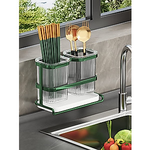 FEIJSQIU Utensil Holder with 2 Compartments Cooking Utensil Holder for Cooking Tools Storage and Utensil Organizer Utensil Drying Rack has Tray at Bottom for Easy Drainage.Clean Easy (Green)
