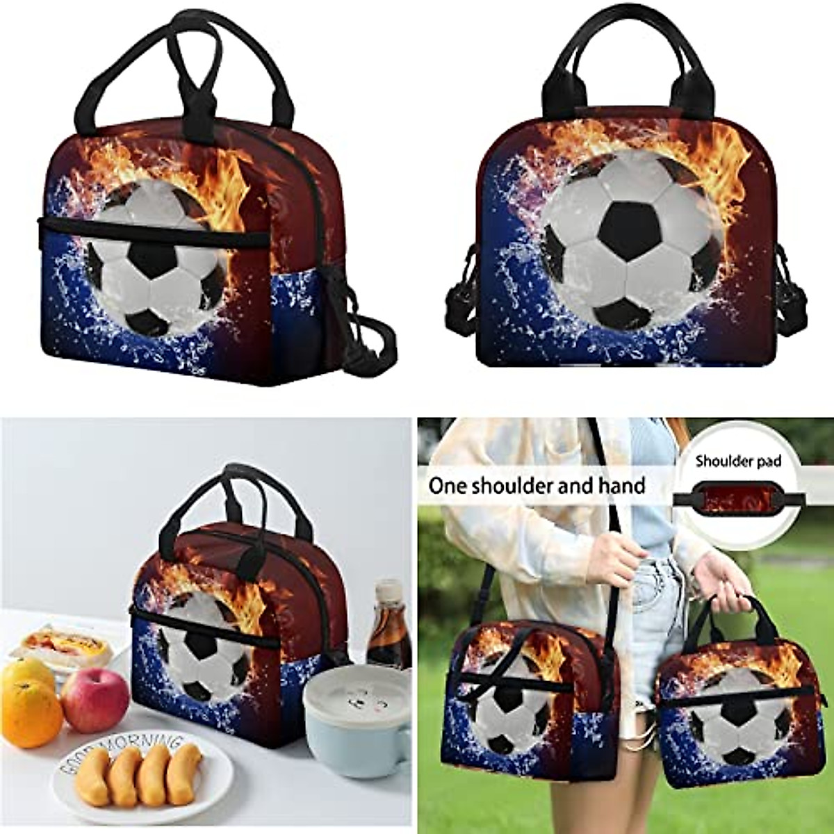 Salabomia Soccer Backpack for School Water & Fire Soccer Ball Backpack with Lunch Box Kids School Bookbag 3 in 1 Set School Bag with Lunch Bag Pencil Case, Large Lightweight Kids Backpack for School with Insulated Lunch Bag Cute Kawaii Pen Case, Blue