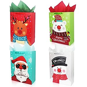 4 Pack 16.5" Extra Large Christmas Gift Bags, Xmas Paper Bags With Handles and Tissue Paper, Reusable Holiday Bags Bulk for Present Wrap Decor
