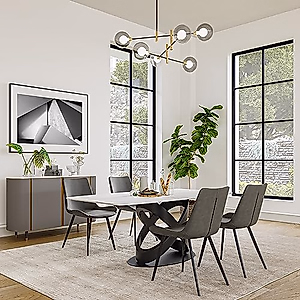 Modern Dining Table, Sintered Stone Tabletop Dining Room Table for Up to 8, Simple Retro Art, Rounded Corner Design, Solid Black Carbon Steel Base, 71"