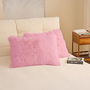 Syalife Plush Fluffy Bedding, Soft Shaggy Comforter Set Twin Size, Faux Fur Pink Shaggy Duvet Cover Set Comforter Cover with Pillow Sham (Twin, Pink)