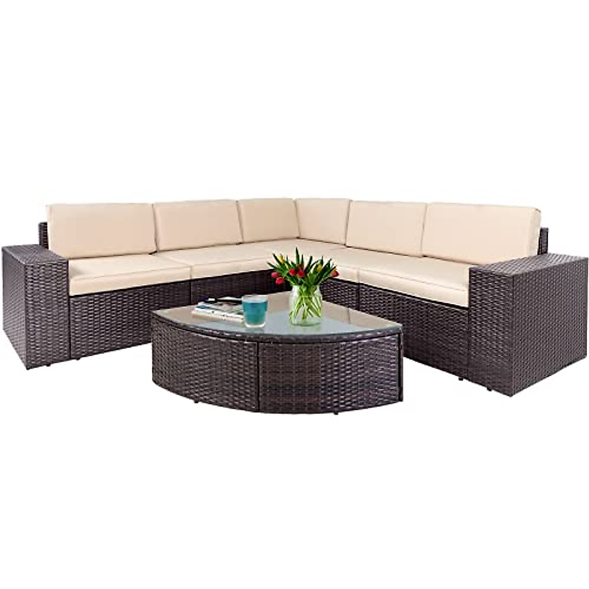 SOLAURA 6 Pieces Patio Furniture, Patio Sectional Sofa All-Weather PE Wicker Modular Outdoor Furniture Patio Conversation Set with Glass Coffee Table (Brown)