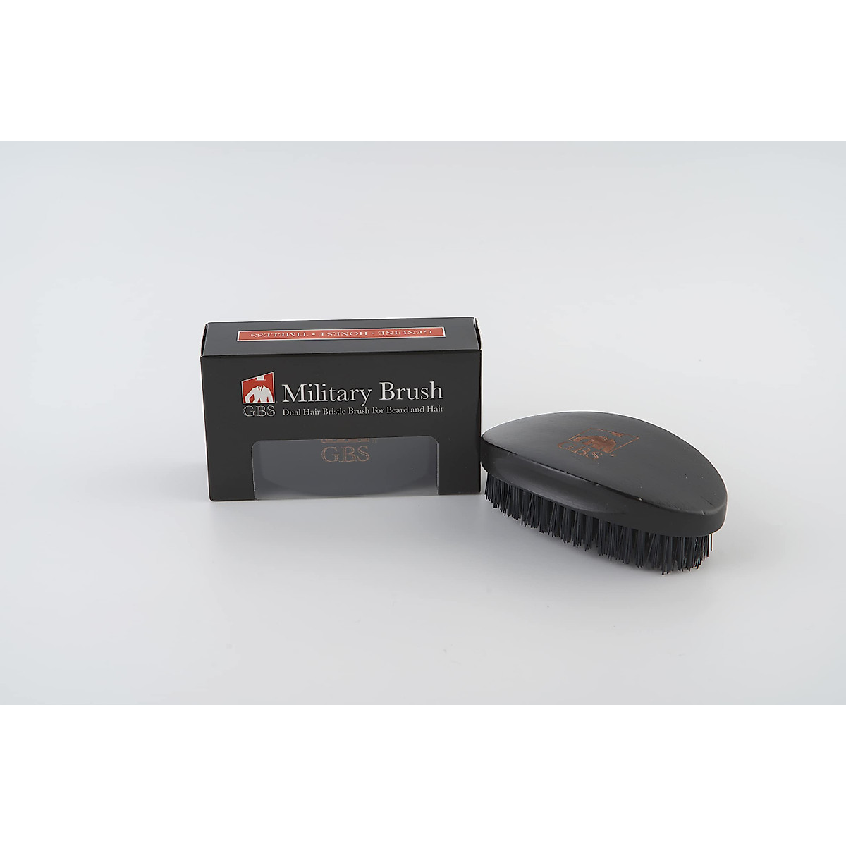 G.B.S Military Style Dual Bristle Beard and Hair Brush - Hi-Gloss Wood, Animal-free Vegan Bristles, Over 2,000 Firm Bristles for Daily Grooming (BLACK)