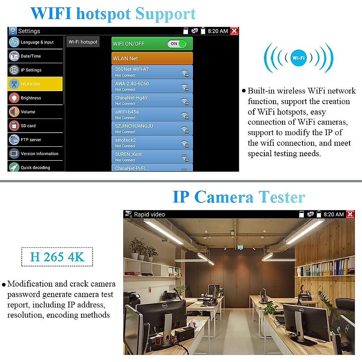 ELECTOP Upgraded 7 inch IPS Touch Screen IP Camera Tester, Support AHD, TVI, CVI & CVBS CCTV Tester Security Analog Tester with PTZ/POE/WIFI/4K H.265/HDMI in&Out/RJ45 TDR/Firmware