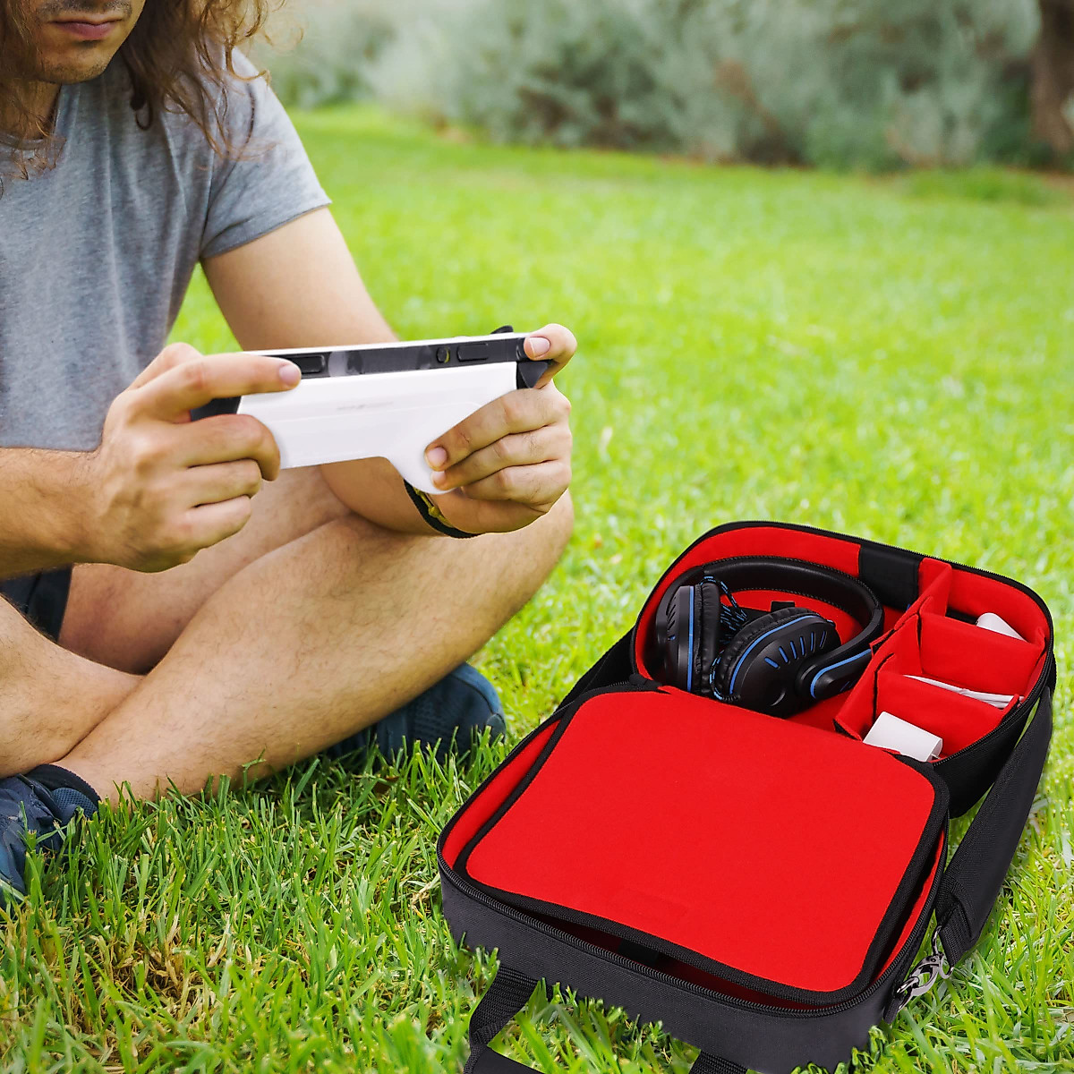 USA Gear Carrying Case Compatible with Logitech G Cloud, ASUS ROG Ally, PS5 Portal, Lenovo Legion Go & More - Protective Shoulder Bag Fits Headsets, Portable Console, AC Adapter, Dock Station - Red