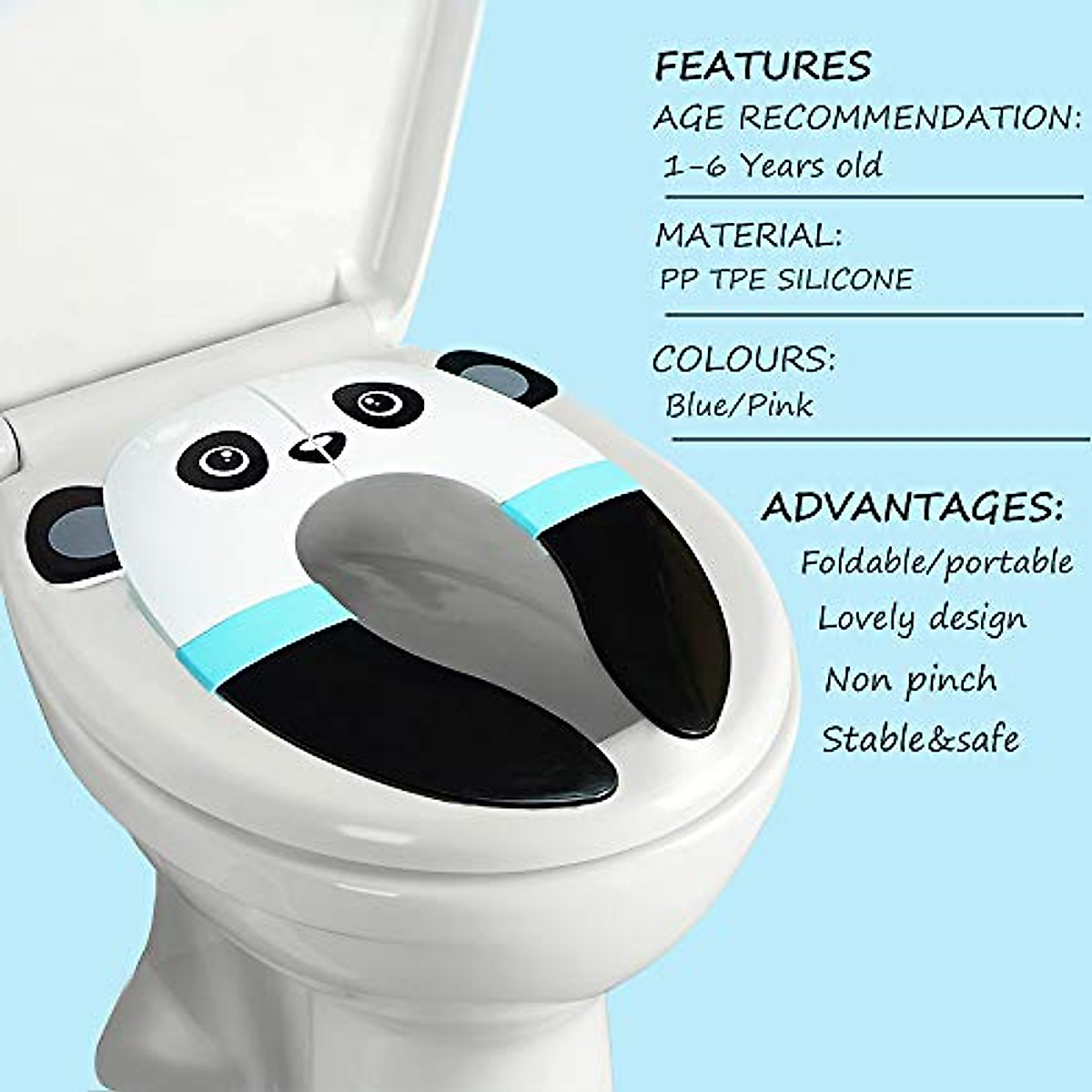 Folding Portable Travel Potty Training Seat for Boys and Girls, Blue Non Pinch Strap,Non Slip with 4 Suction Cups and 6 Silicone Pads,Includes Carry Bag -ManQi