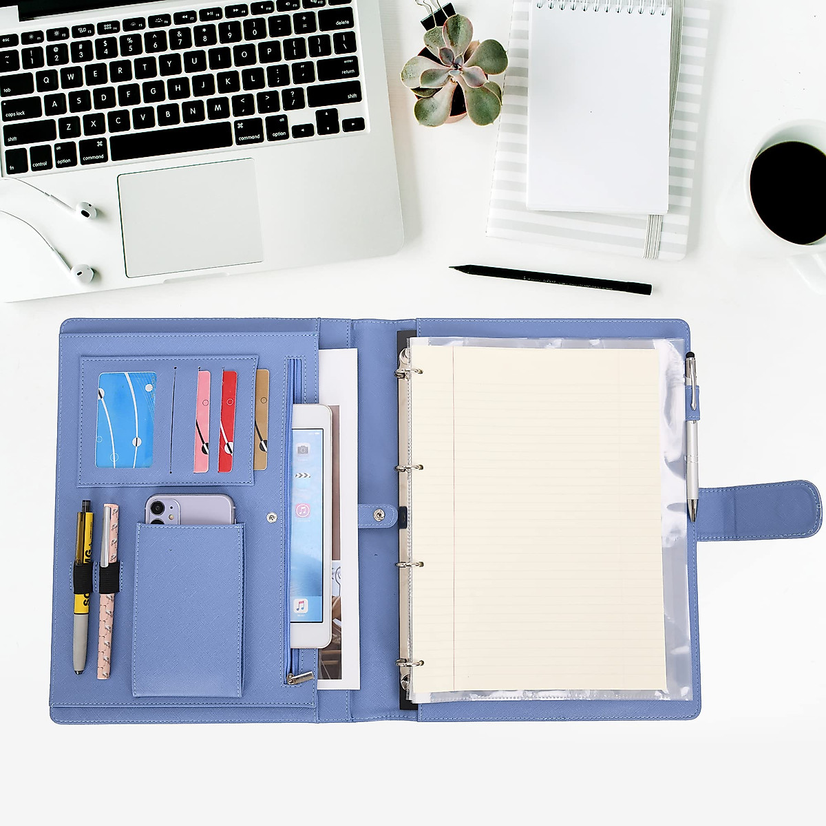 Wonderpool A4 PU Leather Ring Holder Writing Portfolio Multi Document Case with Removable Binder Clipboard and Functional Pocket for Organizer Office Travel School (Blue)