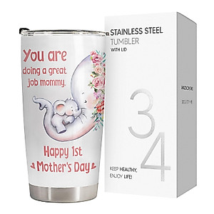 34HD Elephant Mom Tumbler 20oz, Stainless Steel Vacuum Insulated First Mothers Day Mug with Lid, Elephant Gifts for First Time, New, Expecting Mommy, Mother and Child Gifts