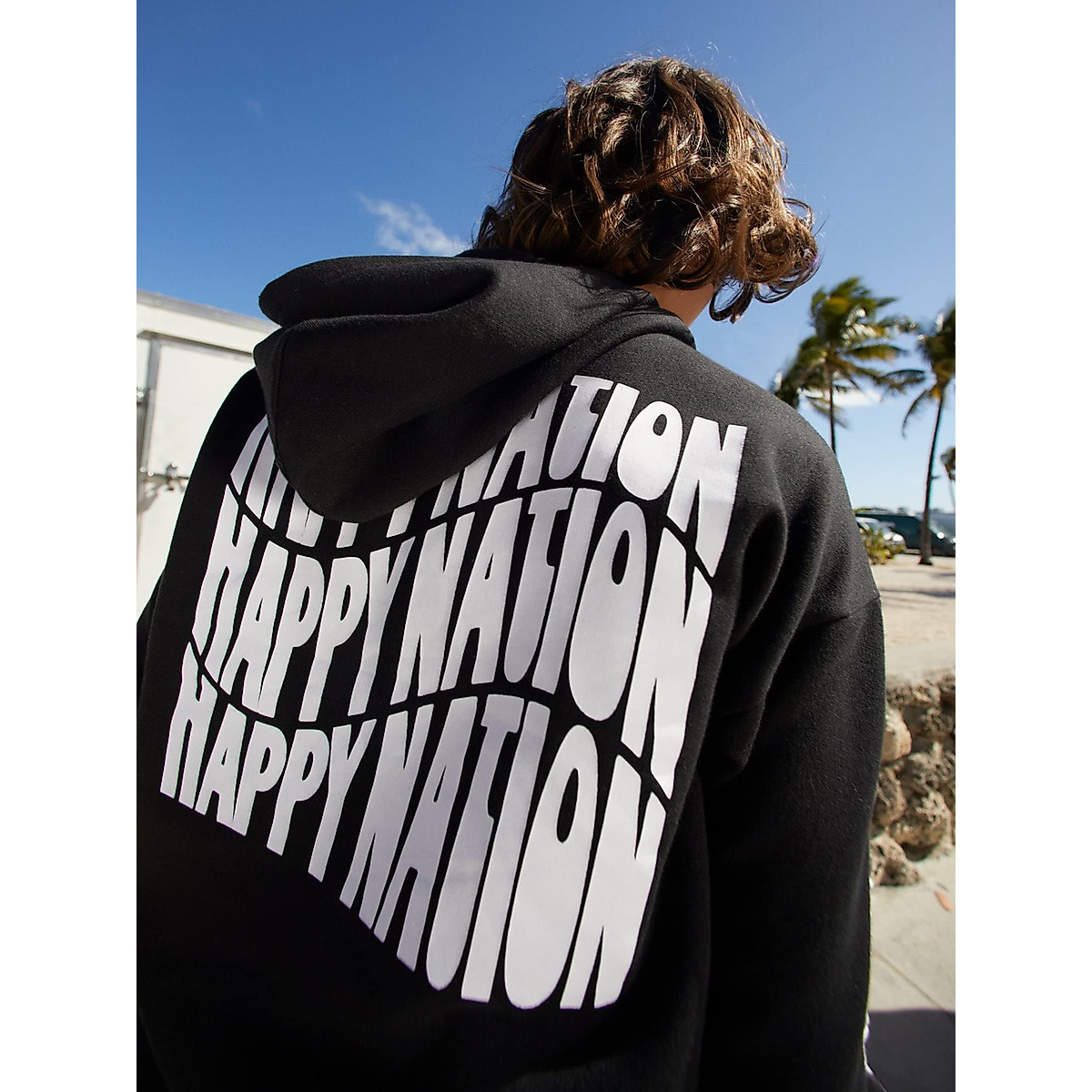 Happy Nation Relaxed Fleece Hoodie Sweatshirt, Pure Black, Medium