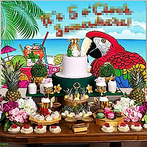 It's 5 O'clock Somewhere Backdrop Parrot Pattern Summer Tropical Sea Beach Photo Booth Backdrop Background Banner for Summer Tropical Luau Hawaiian Aloha Party Decoration Supplies, 71 x 43 Inch