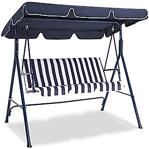 SUPERJARE Porch Swing with Adjustable Height Chain, 70’’ Convertiable Canopy Outdoor Swing, 3 Person Patio Swing, Outside Swing Chair for Yard, Garden, Poolside - Blue and White