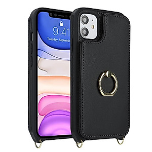 Lipvina for iPhone 13 Mini Case with Card Holder and Strap for Women,Crossbody Lanyard,Kickstand Ring Stand,Snap Clasp,RFID Blocking,Phone Wallet Cases 5.4 inch(Black)
