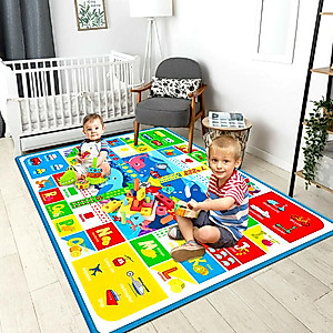 44" x 59" Baby Play Mats for Floor, Baby Crawling Mat, Kids Play Rug, Foldable Non Slip Tummy Time Mat Soft Plush Surface Baby Playmat for Toddlers & Infants, Classroom Playroom Bedroom Activity Mat