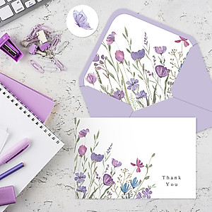 Whaline 32 Pack Purple Floral Thank You Cards Wildflower Greeting Cards with Envelopes Stickers Blank Note Cards for Wedding Bridal Baby Shower Birthday, 4 x 6 Inch