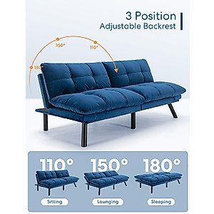 Miscoos Velvet Convertible Futon Sofa Bed, 71" Comfy Loveseat Sleeper Sofa with Adjustable Backrest Armrest, Strengthen Wood, Thick Cushion, Small 2 Seater Futon Couch for Living Room Bedroom