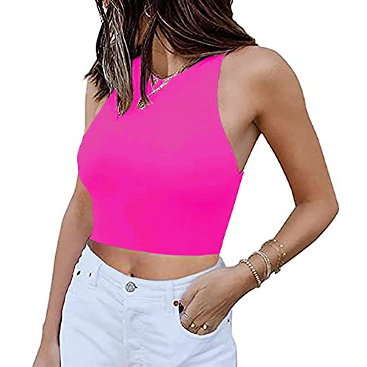 Artfish Women's Sleeveless Cropped Shirts High Neck Stretchy Fitted Basic Crop Tank Top (Hot Pink, XS)