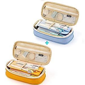 EASTHILL 2PC Big Capacity Pencil Case Pouch Large Pencil Bag for College School Teen Girls Boys Light blue + Yellow