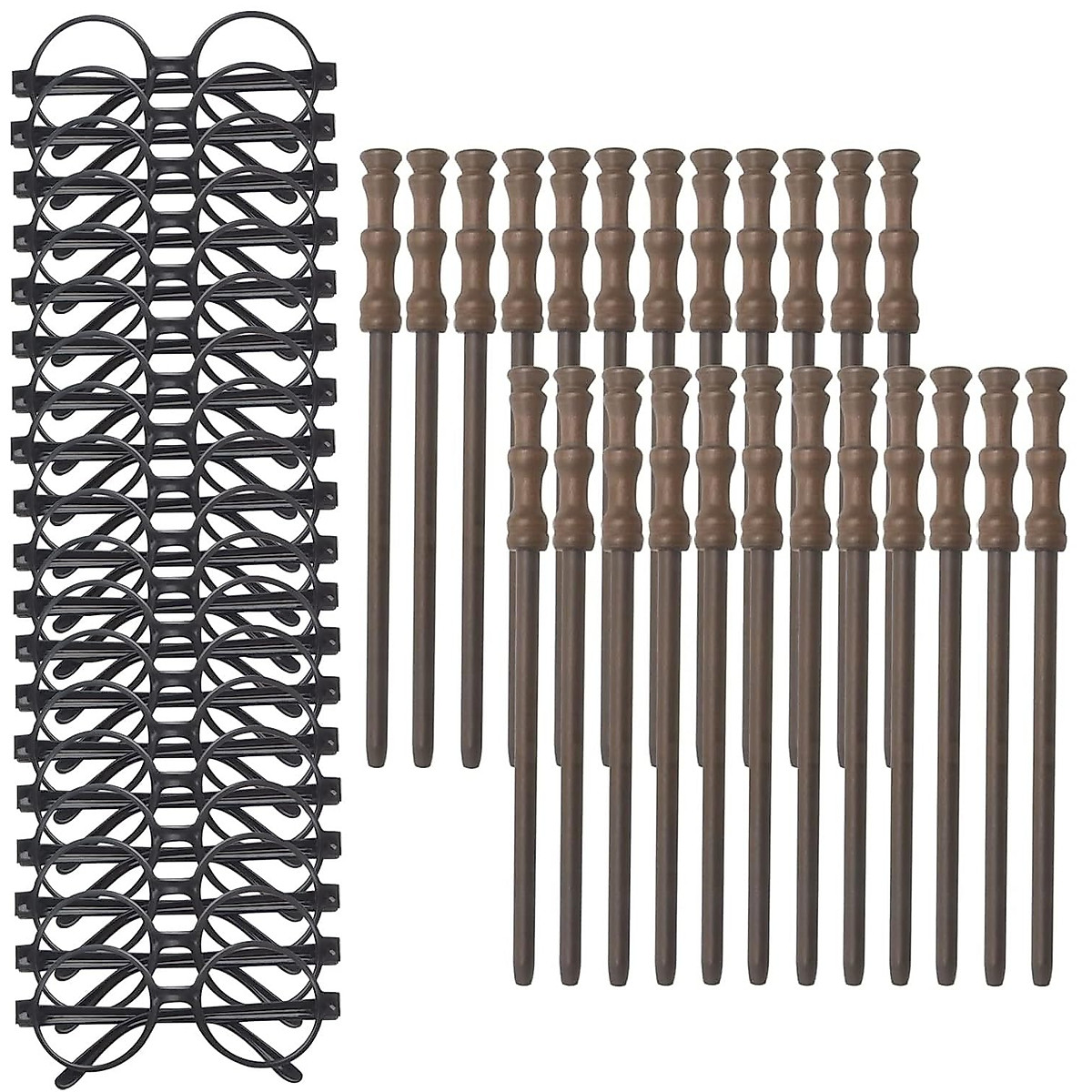 Party Supplies -24pcs Wand Pencil, 24pcs Black Glasses with Round Frame No Lenses for School Party, Birthday , Cosplay Party Decor, Halloween (48pcs all)