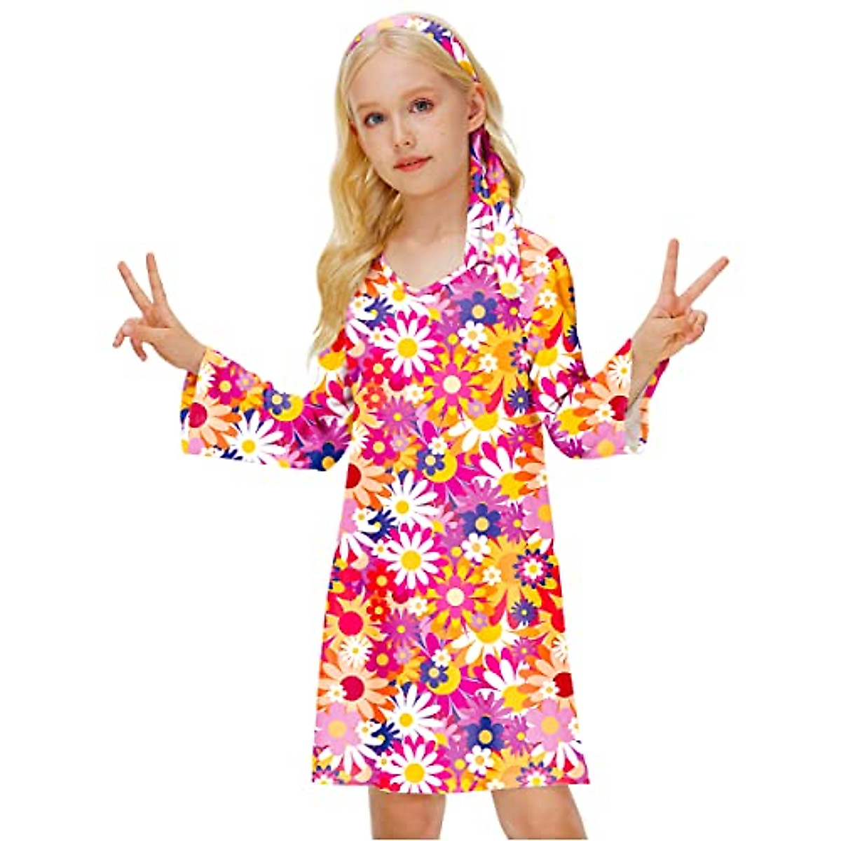 60s Dress 70s Hippie Halloween Pink Floral Long Sleeve Gogo Dresses Pink 7-8 Years