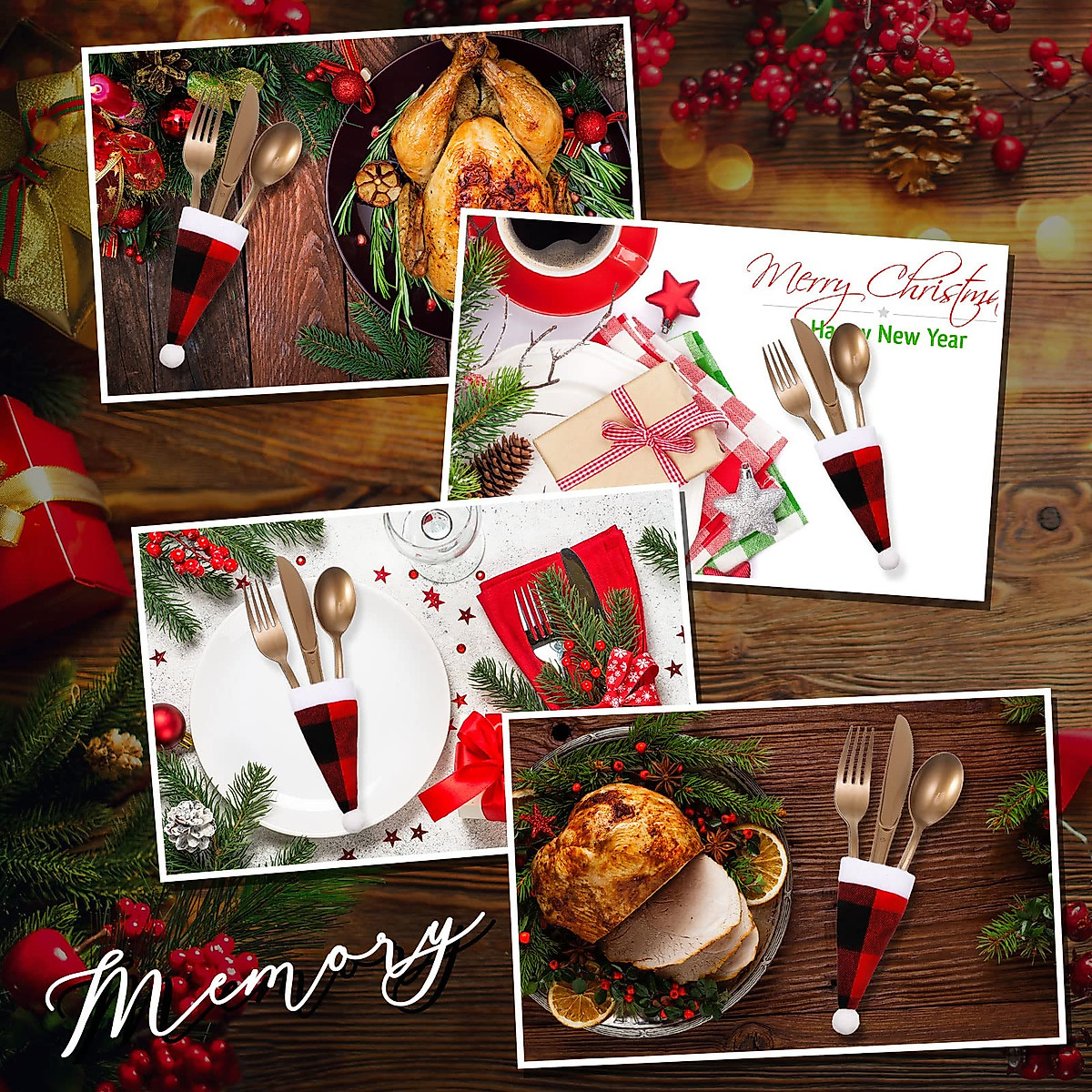 Sawysine 36 Pcs Christmas Santa Hats Silverware Holders Plaid Xmas Dinnerware Decorations Table Supplies Flatware Organizers Decor for Cutlery Party Dinner