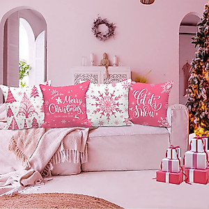 Lanpn White and Pink Christmas Throw Pillow Covers 14x14 Set of 4, 14 inch Decorative Xmas Cushion Covers Pillow Cases 14 x 14 for Home Bedroom Room Holiday Couch Decor Decorations