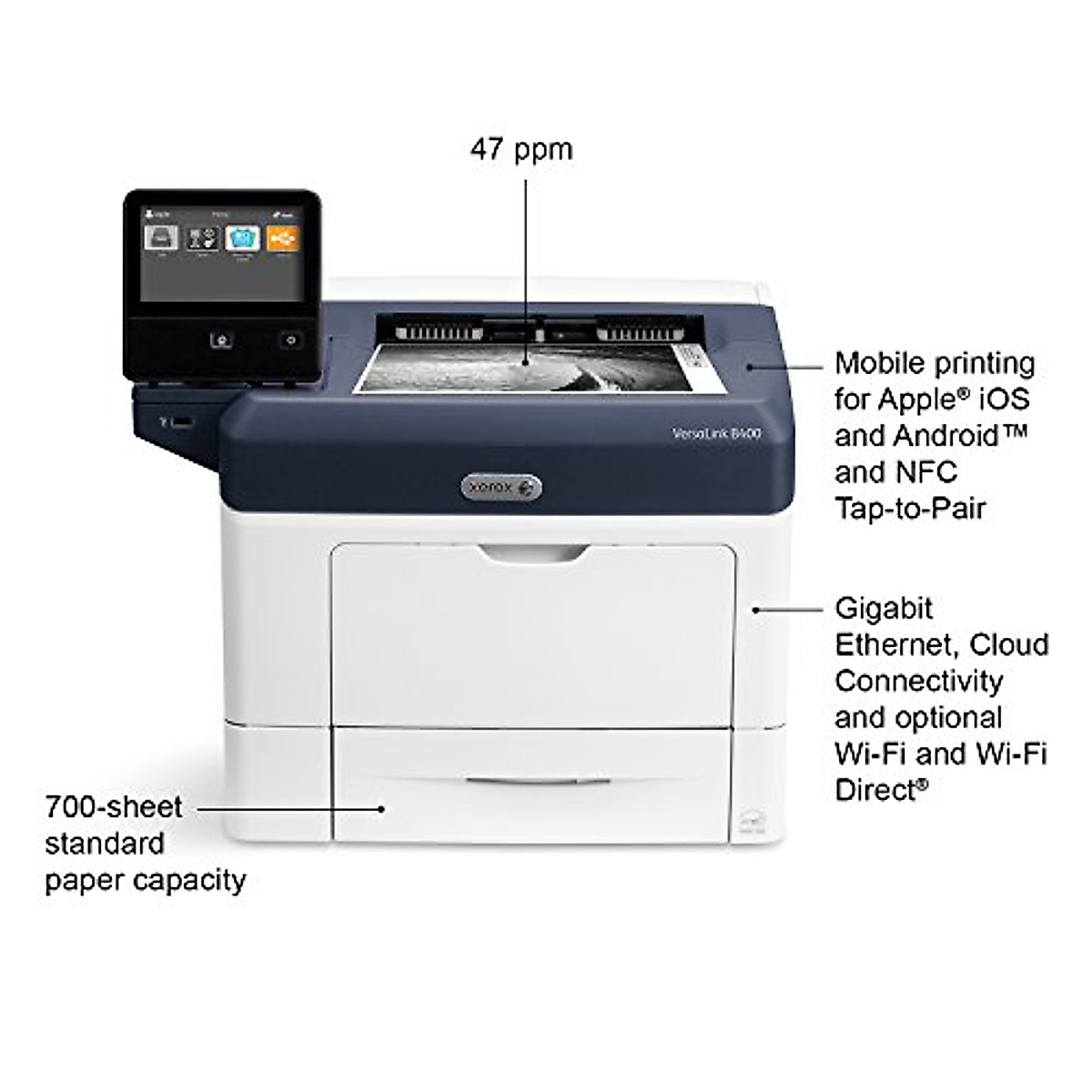 Xerox VersaLink B400/N Black and White Laser Printer, letter/legal, up to 47ppm, USB/ethernet, 550 sheet tray, 150 sheet multi purpose tray