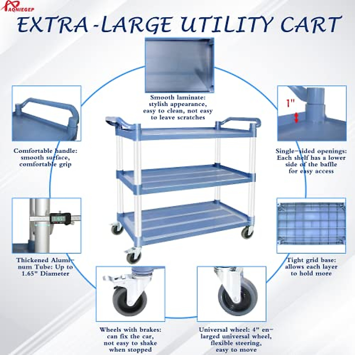 AQNIEGEP Utility Cart carts with Wheels Food Cart 3 Tier Commercial Restaurant Kitchen Heavy Duty Large Rolling Service Cart, Lockable Wheels, Rubber Hammer,Dark Gray